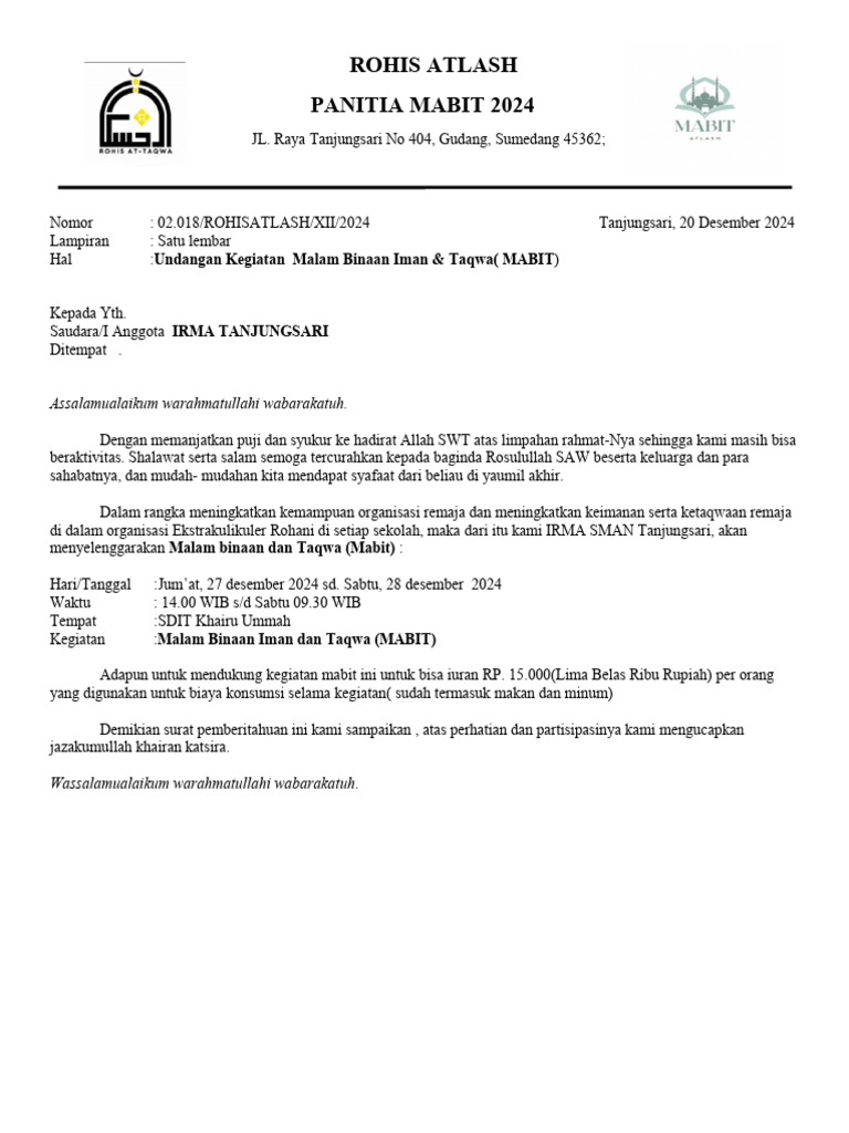 Surat Undangan Mabit Irma Tanjungsari | PDF