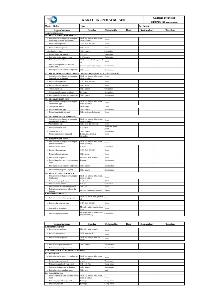 Contoh kartu inspeksi | PDF