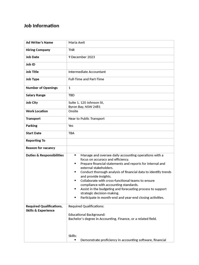 Intermediate Accountant - CDMGURU Job Ad TNR Byron Bay | PDF | Résumé | Accounting