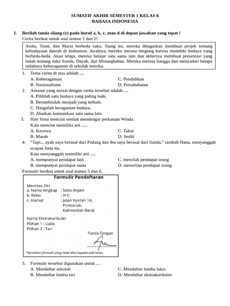 SOAL SAS B. INDO SEMESTER 1 KELAS 6 | PDF