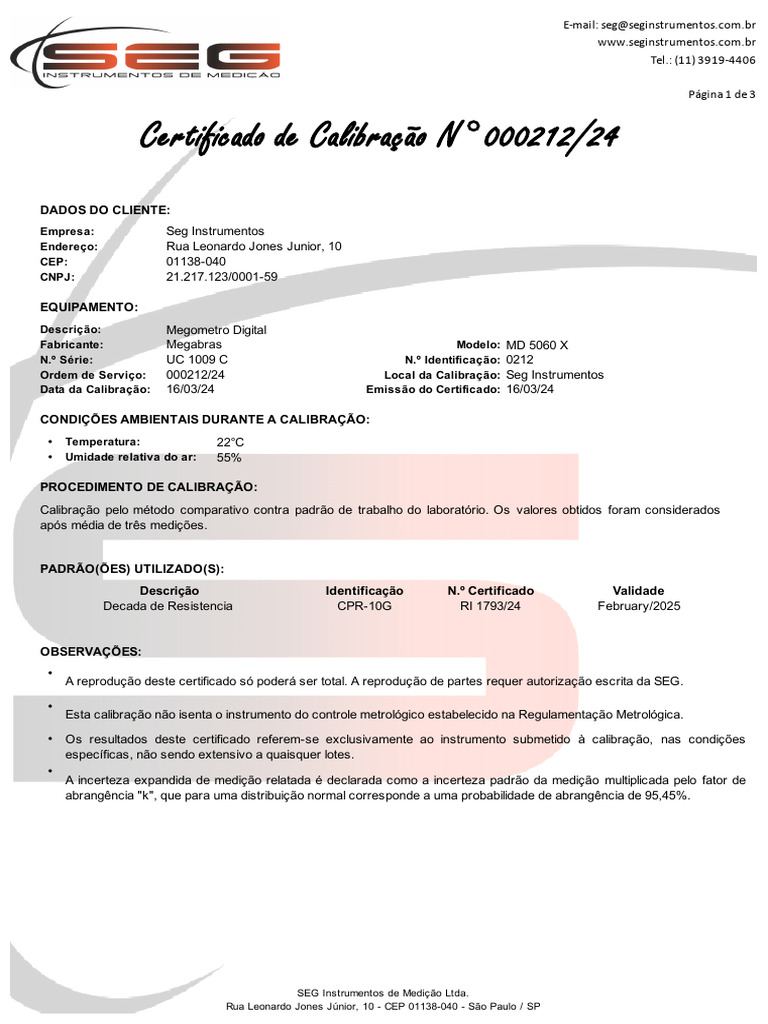Certificado 000212 - 24 Megometro Digital 5kv Megabras 5060x - Seg Instrumentos - PT 0212 | PDF ...