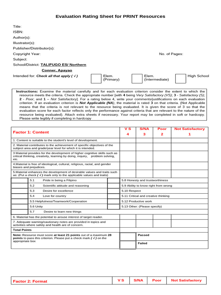 Evaluation Rating Sheet For PRINT Resources | PDF | Learning | Usability