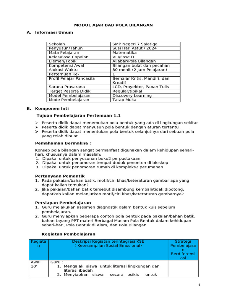 modul ajar 1 - Pola Bilangan | PDF