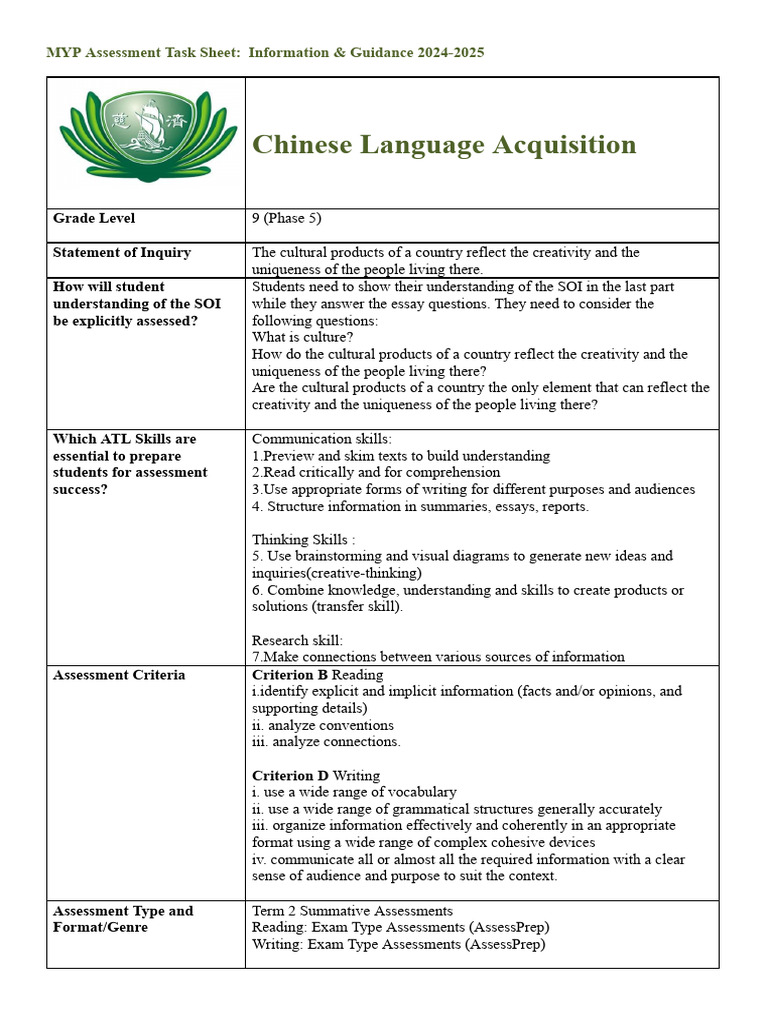 G9-Phase5-T2-CRITERIA BD-MYP Task Sheet - Chinese 2024-2025 Huang Mei ...
