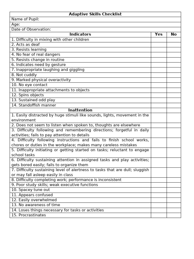 Adaptive Skills Checklist | PDF | Attention | Neuroscience