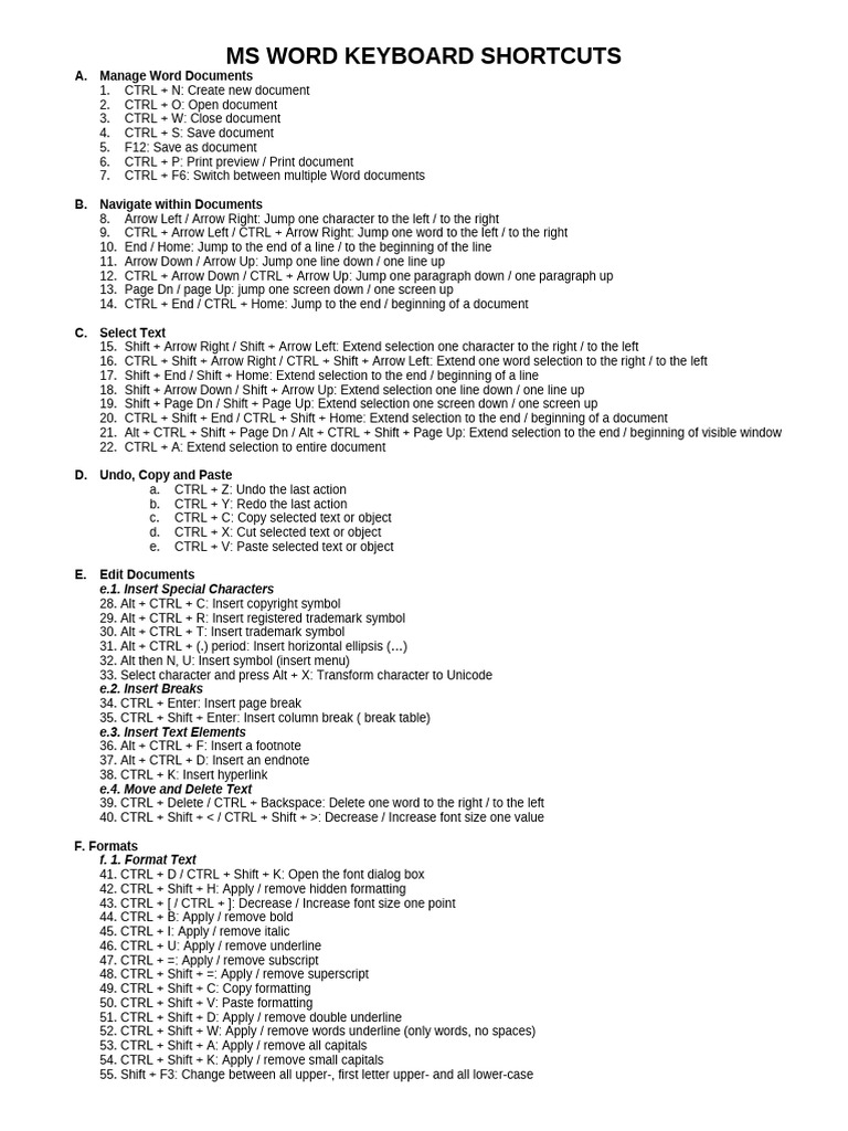MS Word Keyboard Shortcuts | PDF | Text | Software