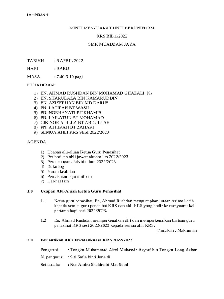 CONTOH MINIT MESYUARAT KRS BIL1 | PDF