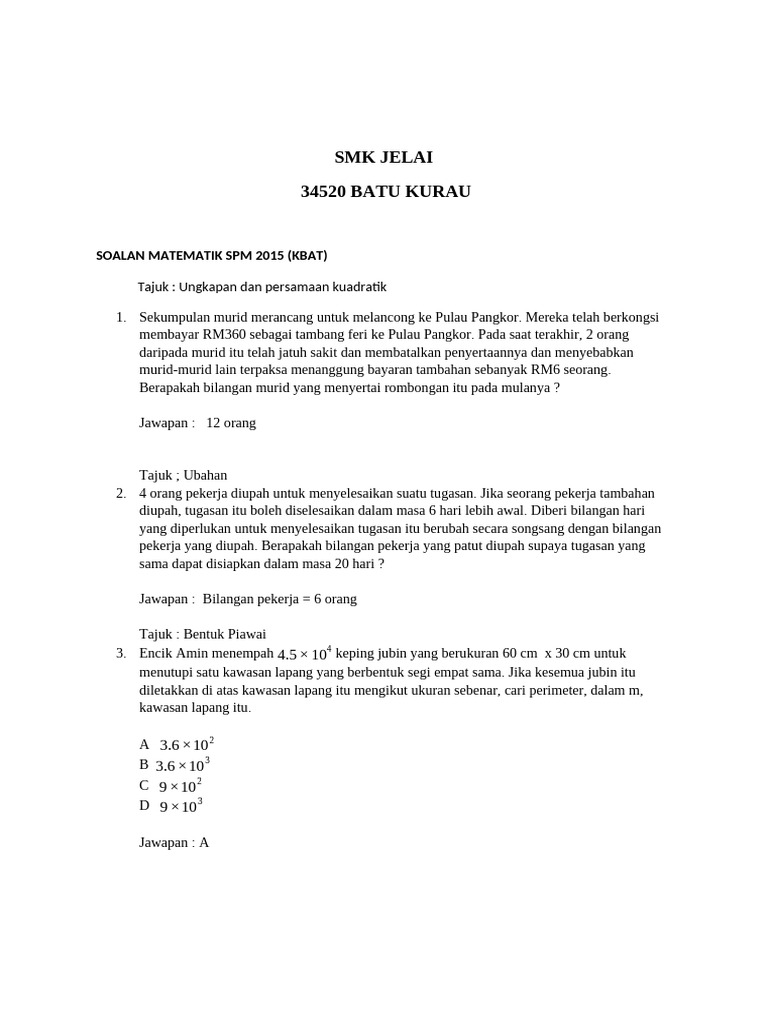 SMK Jelai Soalan Kbat | PDF
