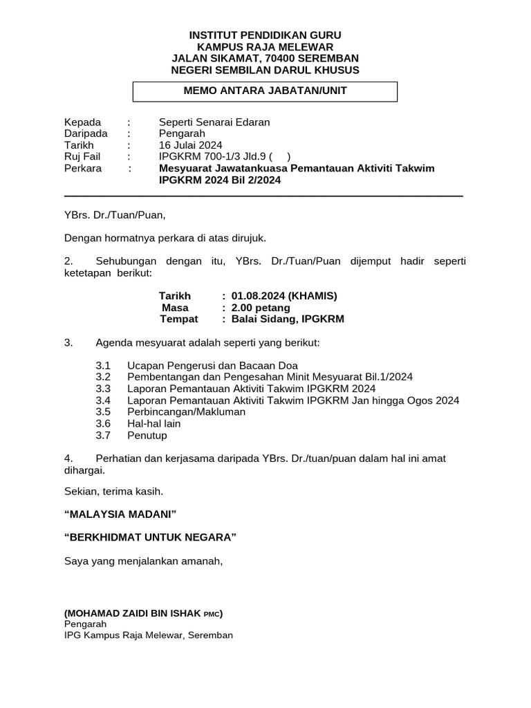 Memo Mesyuarat Pemantauan Aktiviti BIL 2 2024 | PDF
