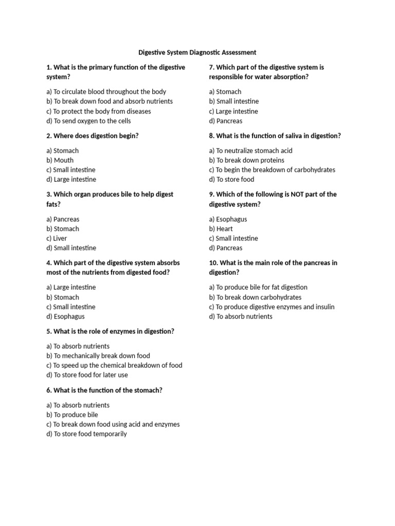Digestive System Diagnostic Assessment | PDF