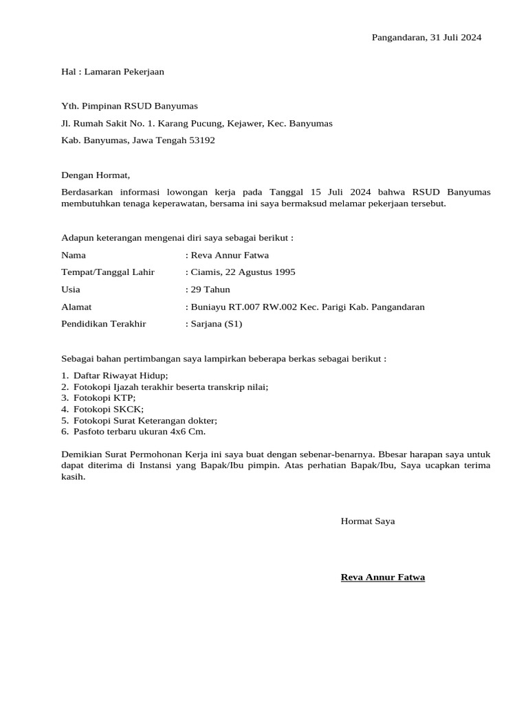 Surat Lamaran Reva | PDF