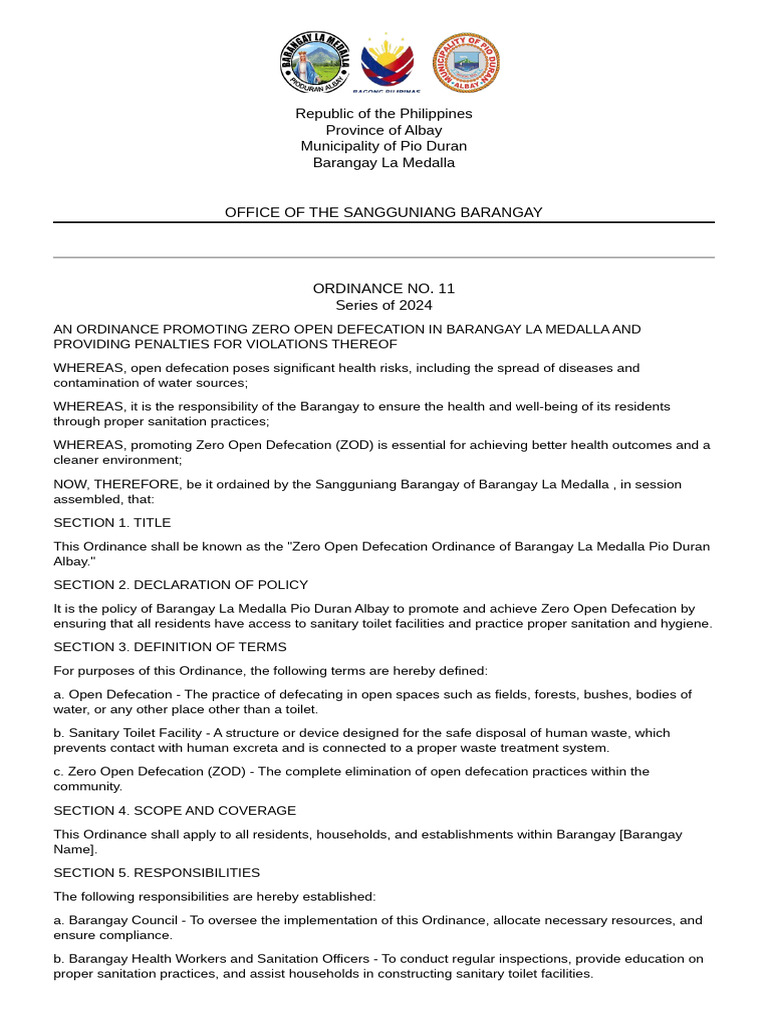 Ordinance For Zero Open Defacation | PDF | Sanitation | Waste Management