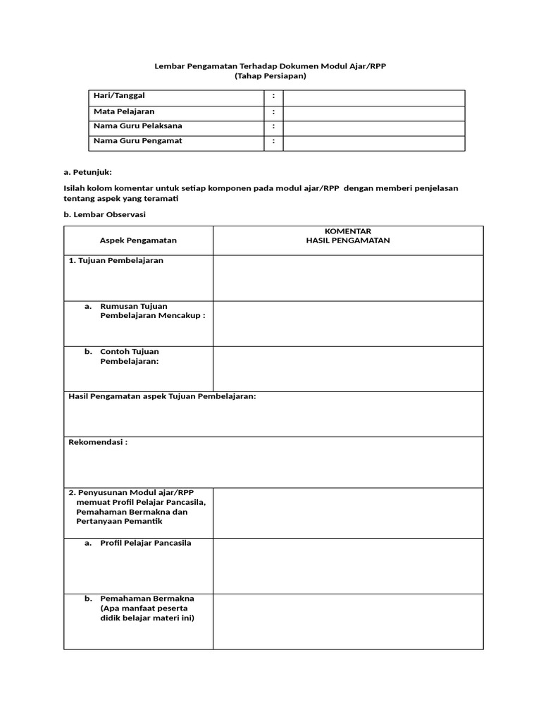 Lembar Observasi Tahap Persiapan | PDF