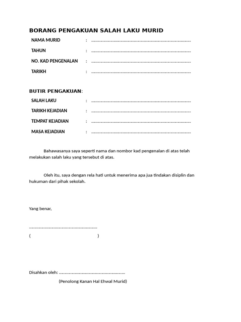 Borang Pengakuan Salah Laku Murid | PDF