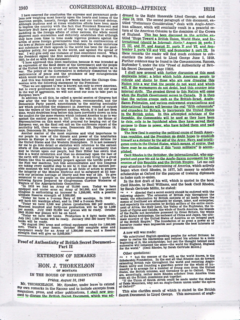 Congressional Records of 1940- Proof of Authenticity of British Secret Document EXTENSION OF ...