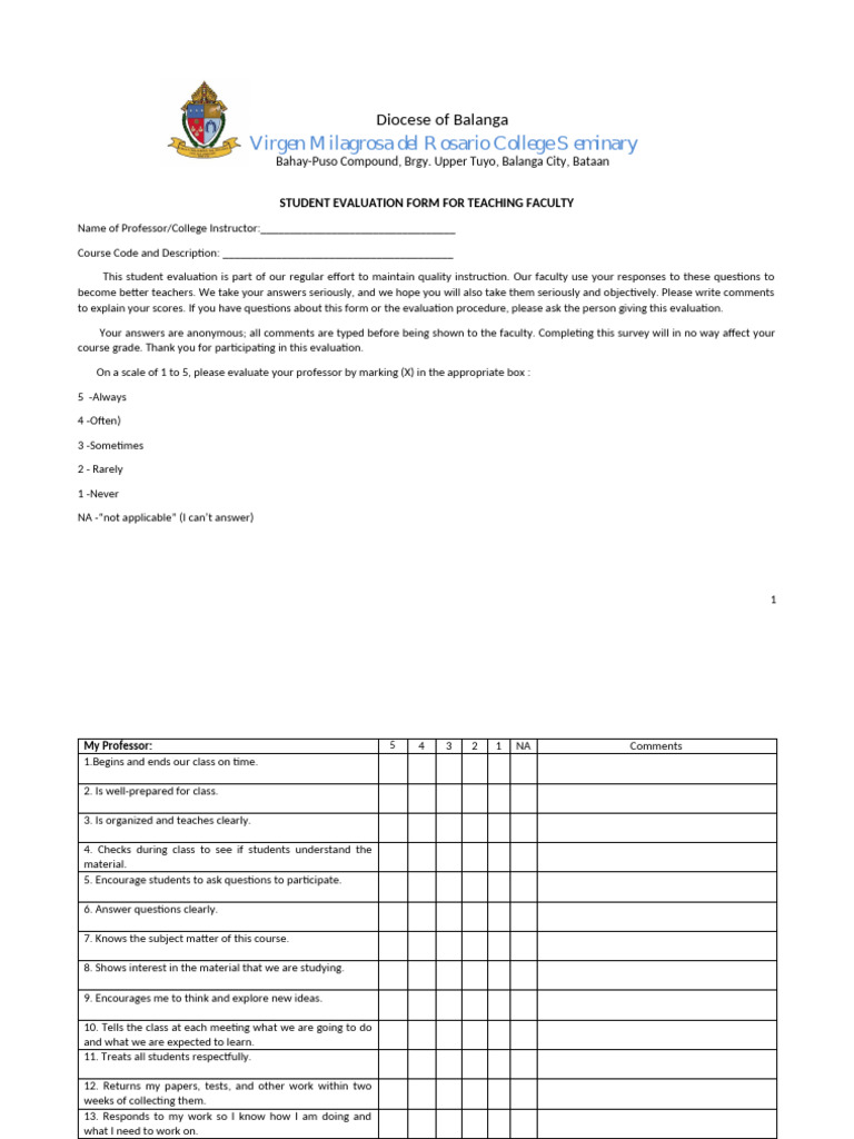 Student Evaluation Form For Teaching Faculty | PDF | Evaluation | Human ...