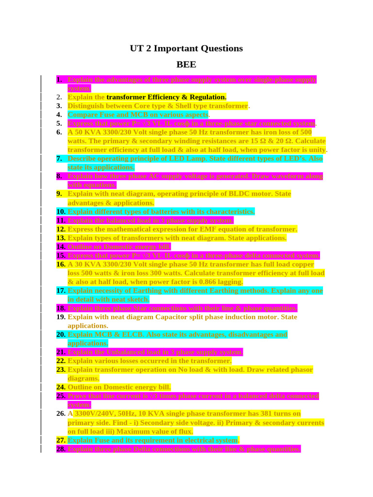 Important Questions (UT 2) | PDF | Transformer | Electrical Components