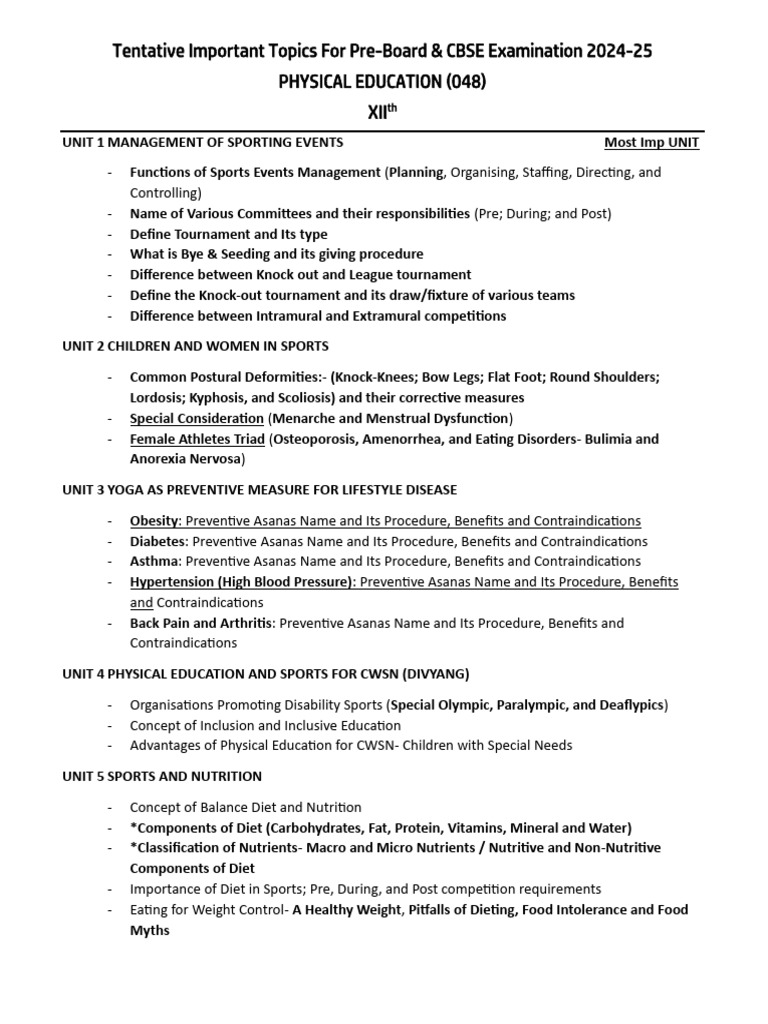 Tentative Important Topics for Pre-Board 12th PHE | PDF | Nutrients | Diet (Nutrition)