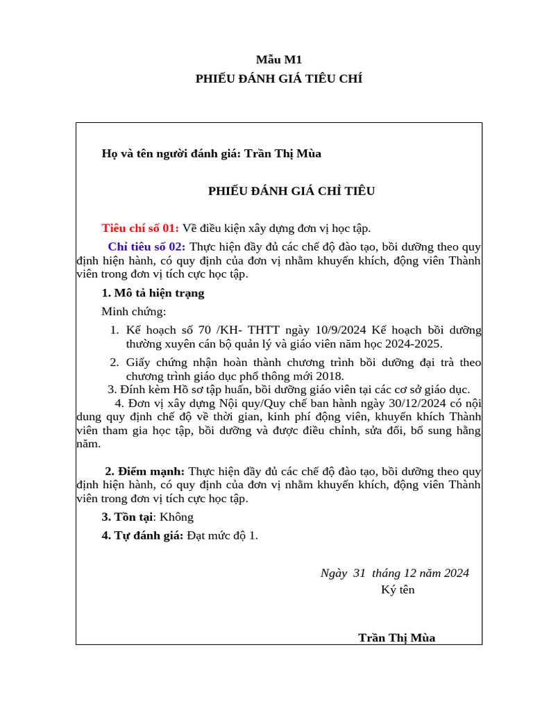 Mau 1 - Phieu Danh Gia TC1-CT2 | PDF