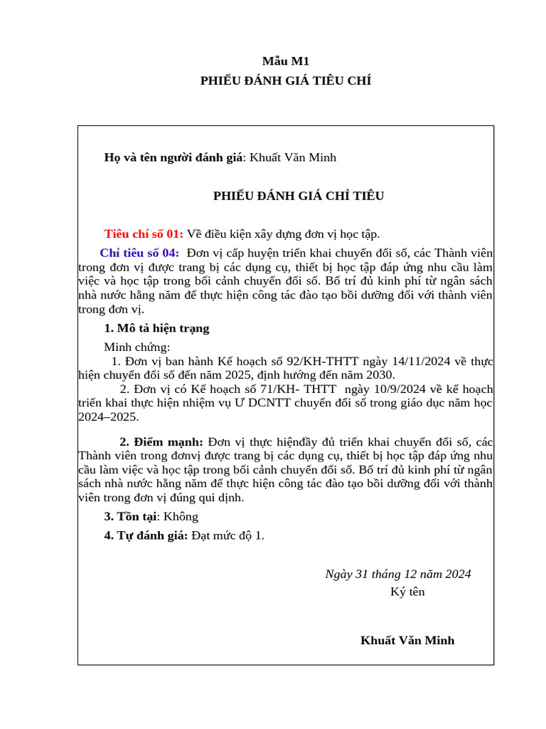 Mau 1 - Phieu Danh Gia TC1-CT4 | PDF