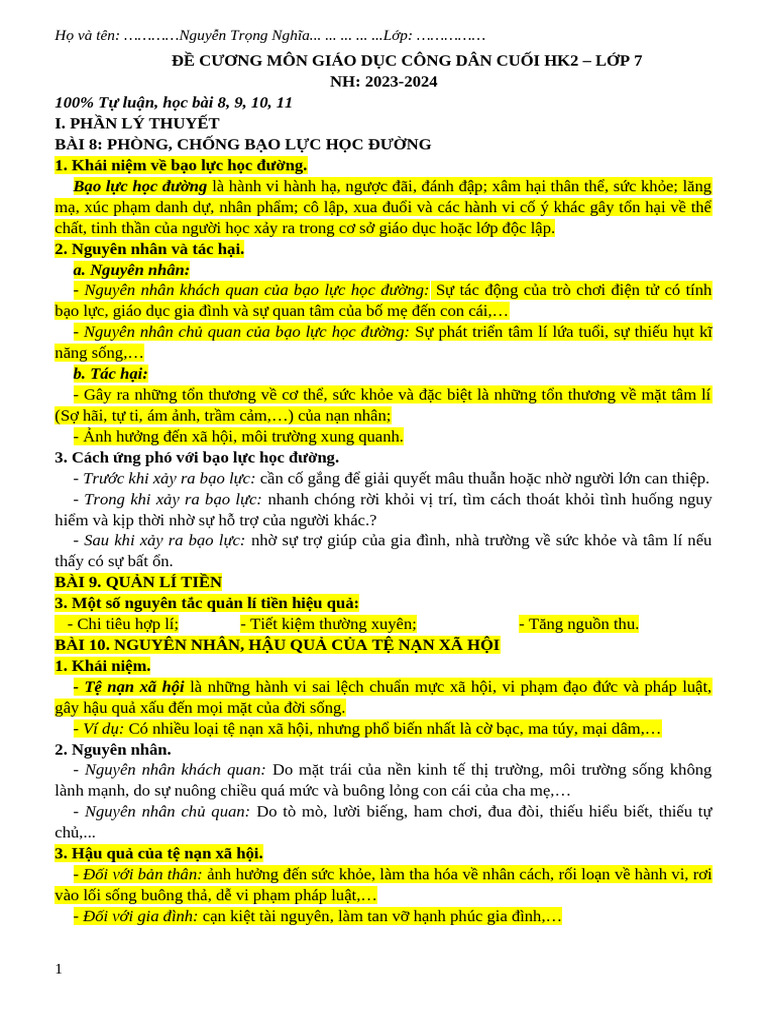 GỬI HS HỌC - ĐỀ CƯƠNG GDCD 7 - CUỐI HK2- 23-24 | PDF