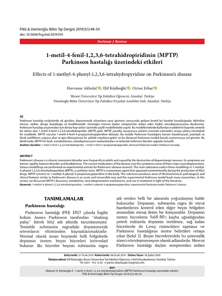 1-metil-4-fenil-1,2,3,6-tetrahidropiridinin (MPTP) Parkinson hastal ...