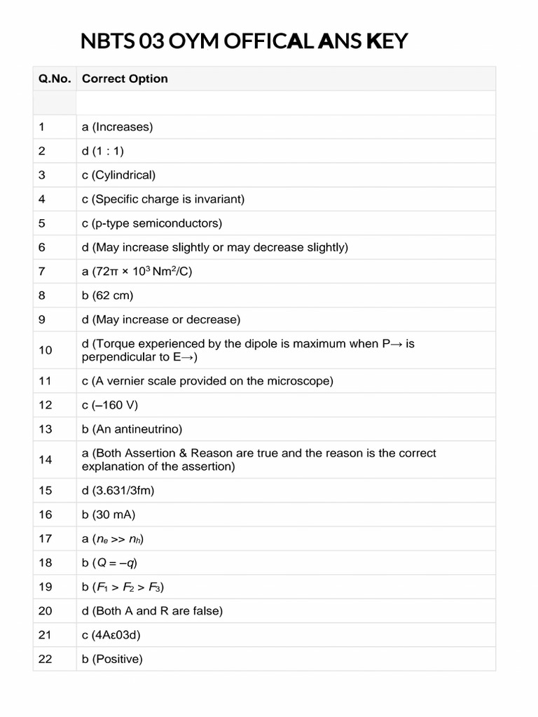 NBTS 03 OYM OFFICAL ANS KEY | PDF NBTS 03 OYM OFFICAL ANS KEY | PDF