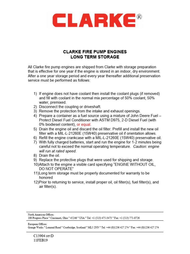 Clarke Fire Pump Engine Storage Guide | PDF