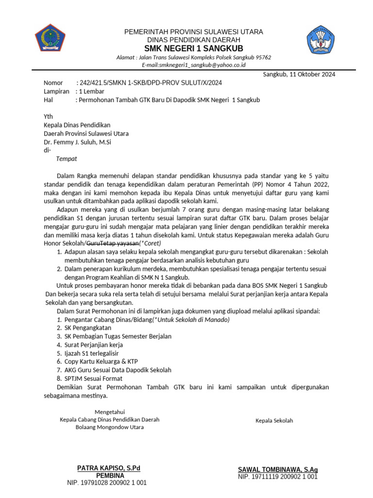 Format Surat Permohonan Tambah GTK Baru Di Dapodik | PDF
