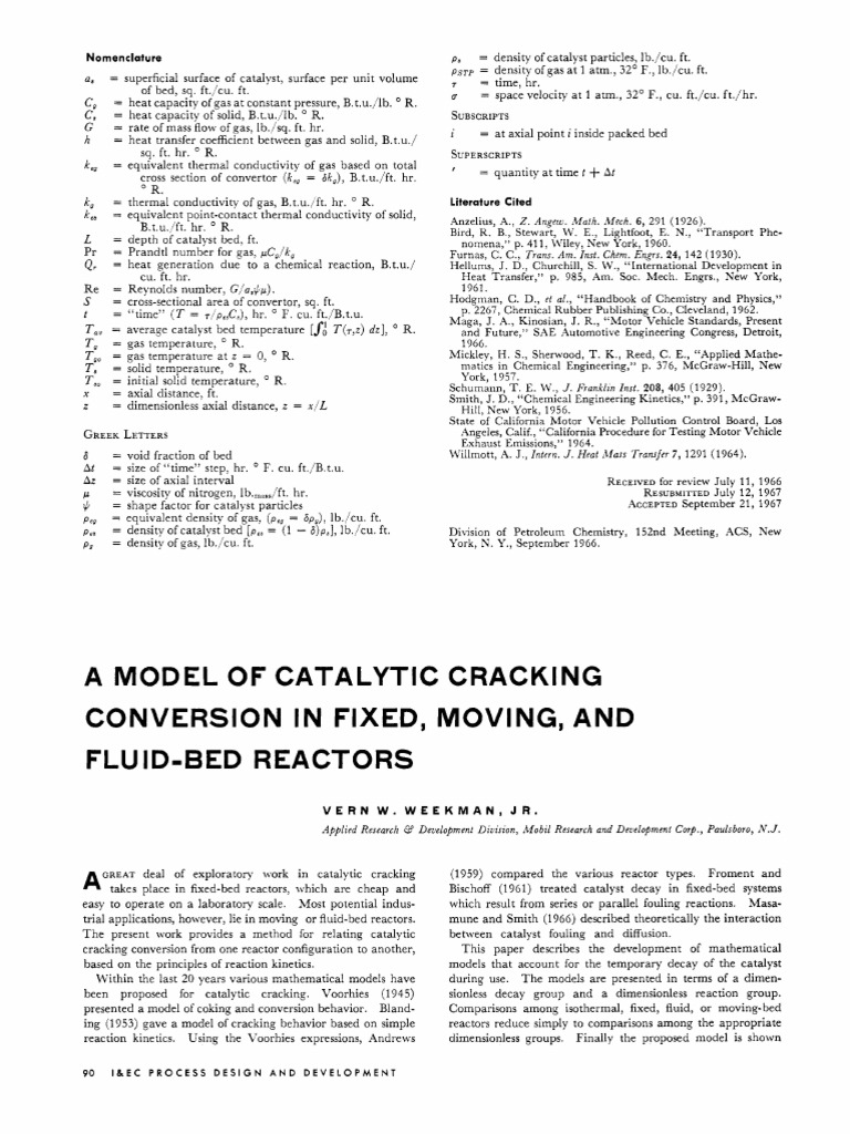 Model of Catalytic cracking conversion in Fixed moving bed and fluidised bed reactors | PDF ...