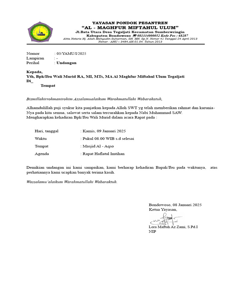 Undangan Rapat Wali Murid. | PDF