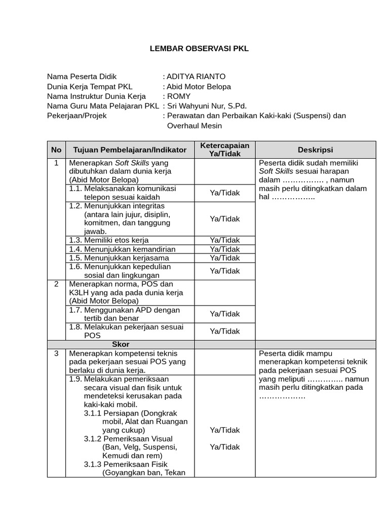 Lembar Observasi PKL Siswa TSM | PDF