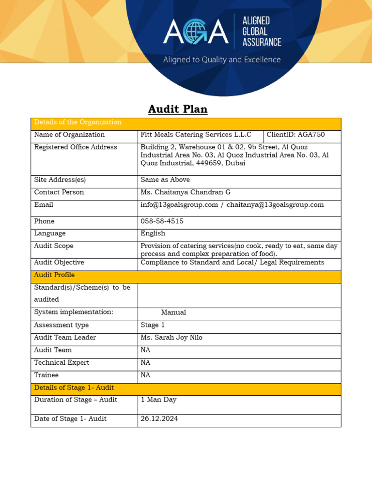Aga750, Fitt Meals Catering Services L.L.C Stage 1 Audit Plan Haccp ...