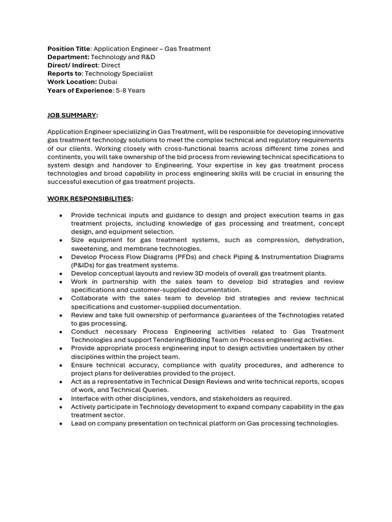 Gas Treatment Application Engineer | PDF | Engineering | Specification ...