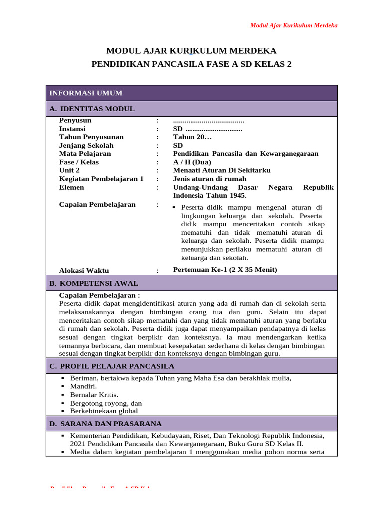 Modul Ajar Pkn 2 | PDF
