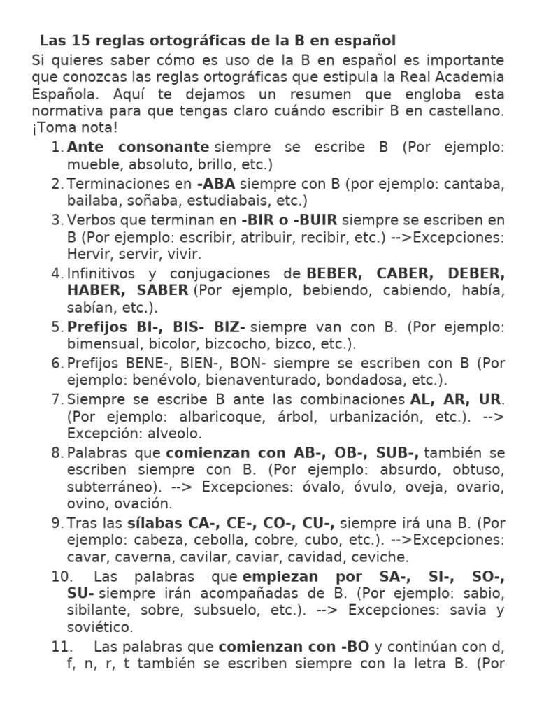 Las 15 Reglas Ortográficas de La B en Español | PDF
