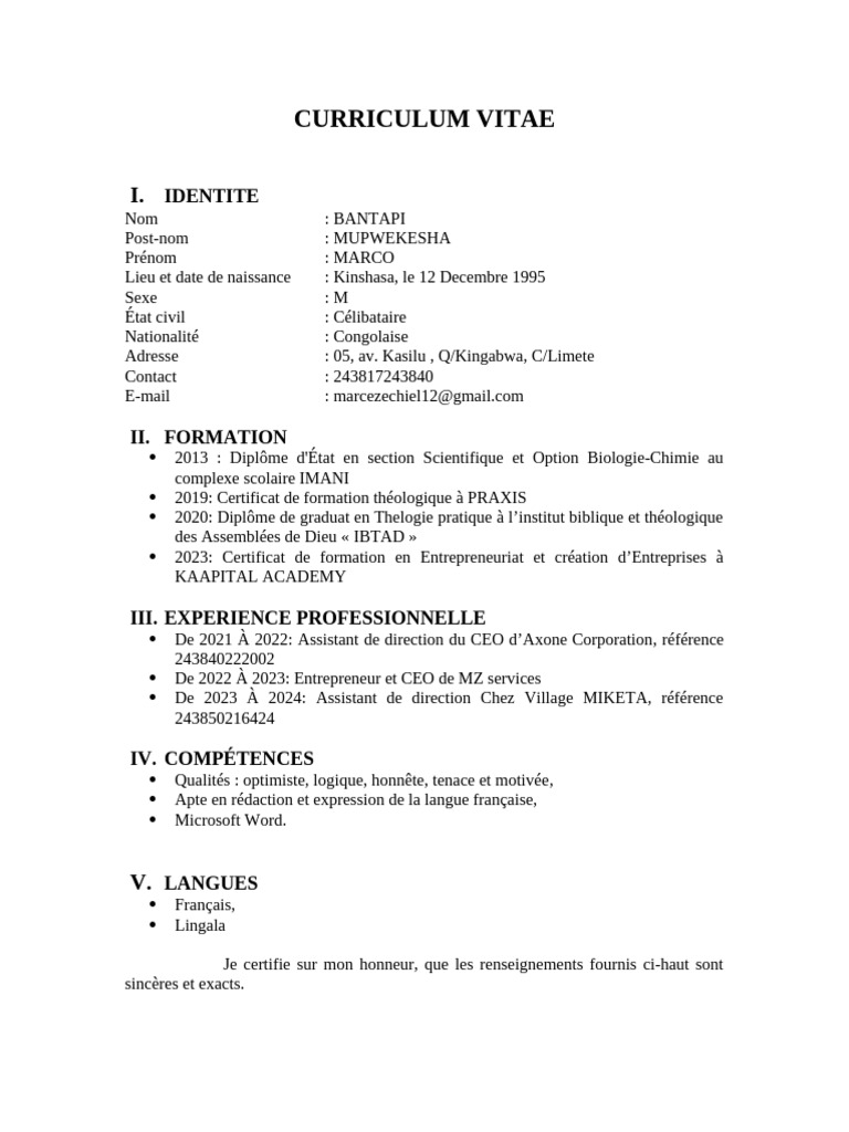 CV de Marco Ezechiel Bantapi | PDF