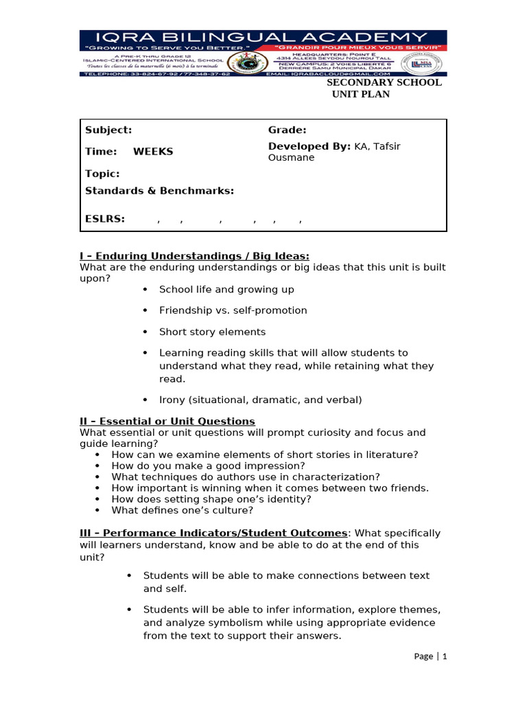 Unit 1 Plans Grade 6 Eng Tafsir | PDF | Educational Assessment | Human Communication