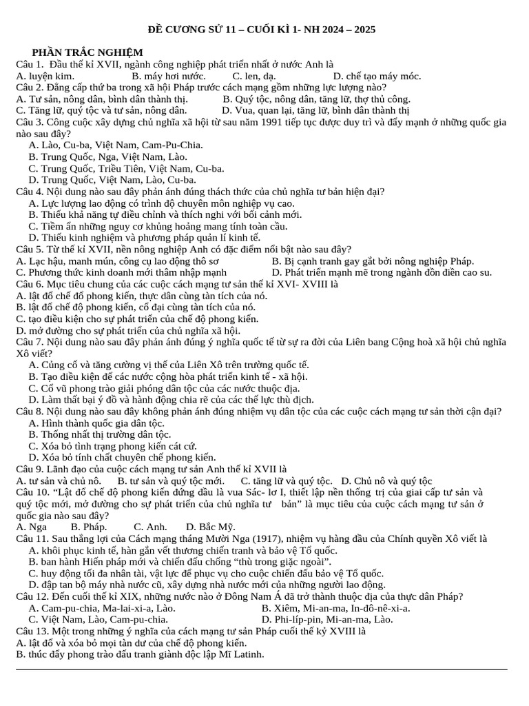 Đề Cương Sử 11 CK1 | PDF