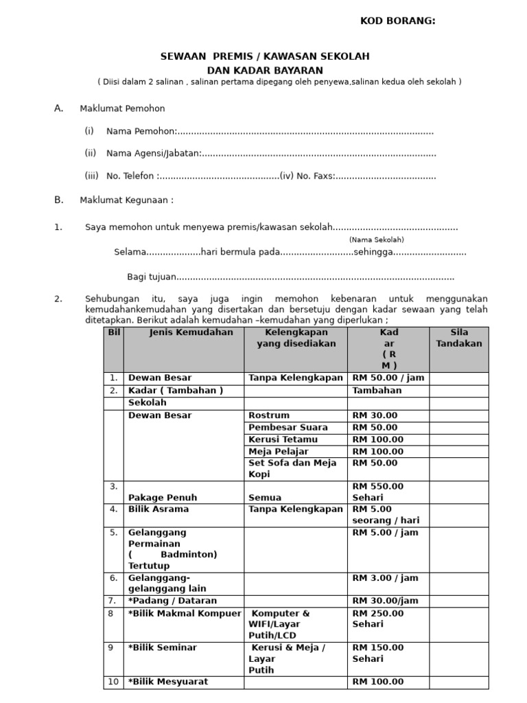 Borang Sewaan Premis Sekolah | PDF