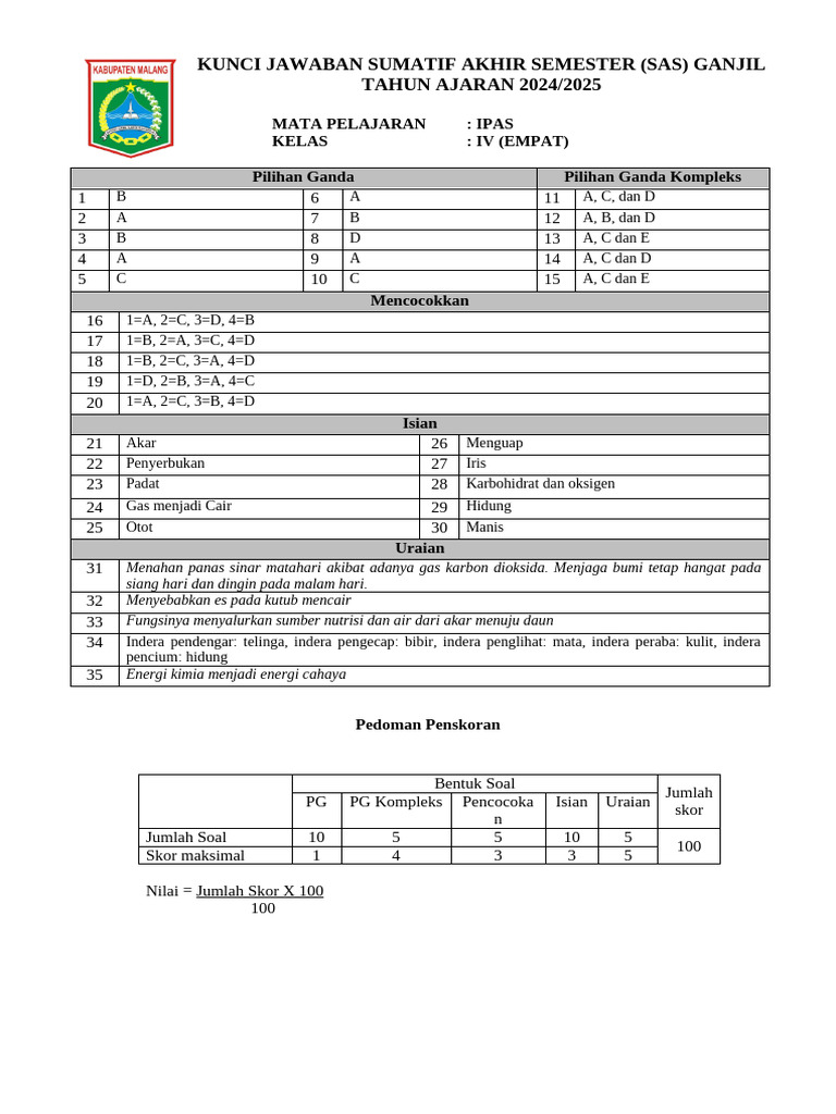 Kunci Jawaban Asas Ganjil Ipas Kelas 4 | PDF