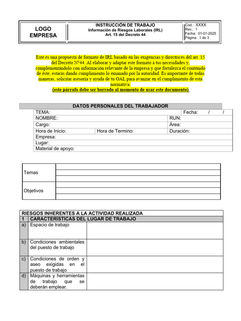 Formato IRL según Decreto 44 | PDF