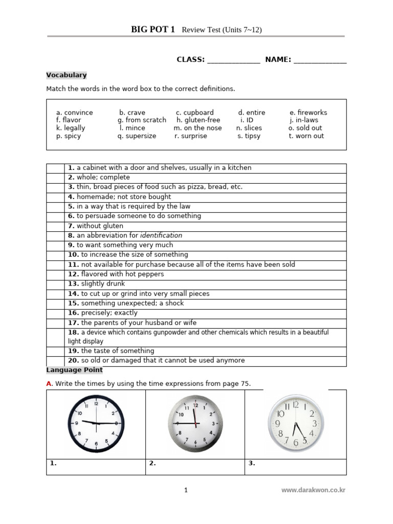 BIG POT 1 Review Test: Units 7-12 | PDF | Sandwich | Hamburgers