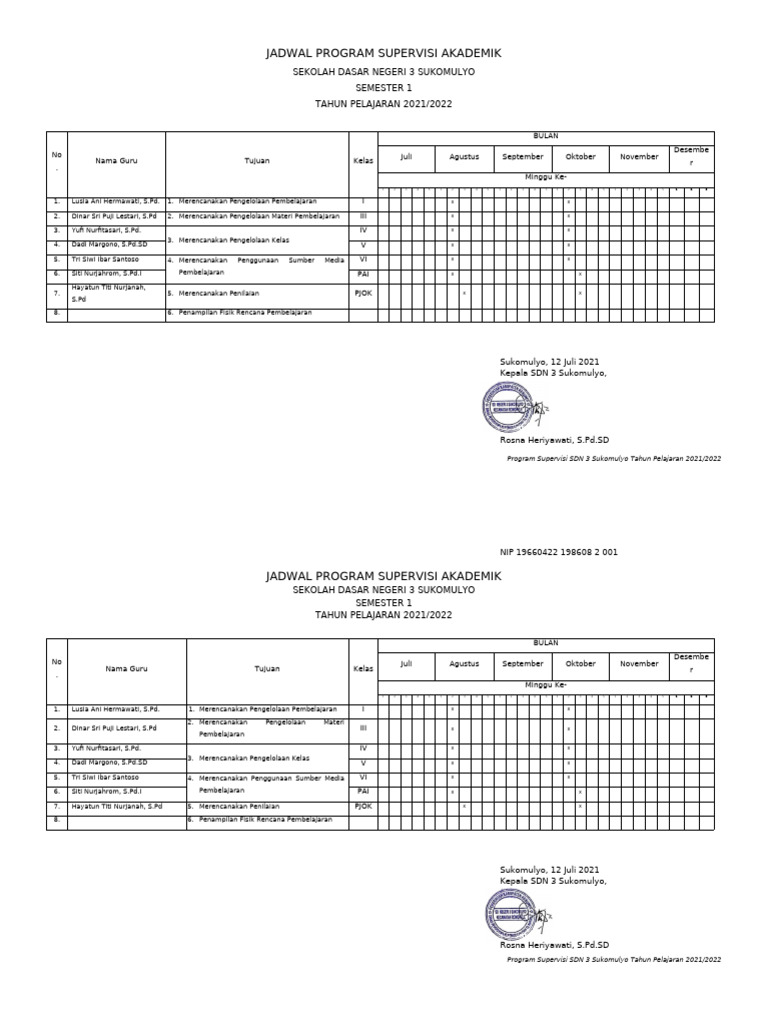 Jadwal Supervisi Kepala Sekolah | PDF