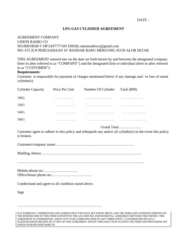 LPG Gas Cylinder Rental Agreement | PDF