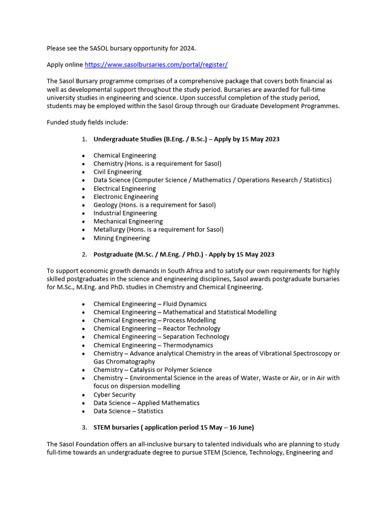 Sasol Bursary Program 2024 Details | PDF | Engineering | Chemical ...