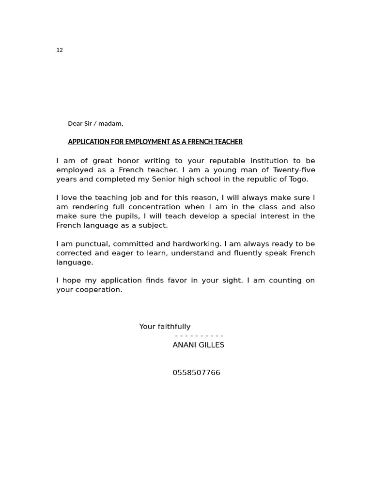 French Teacher Job Application | PDF