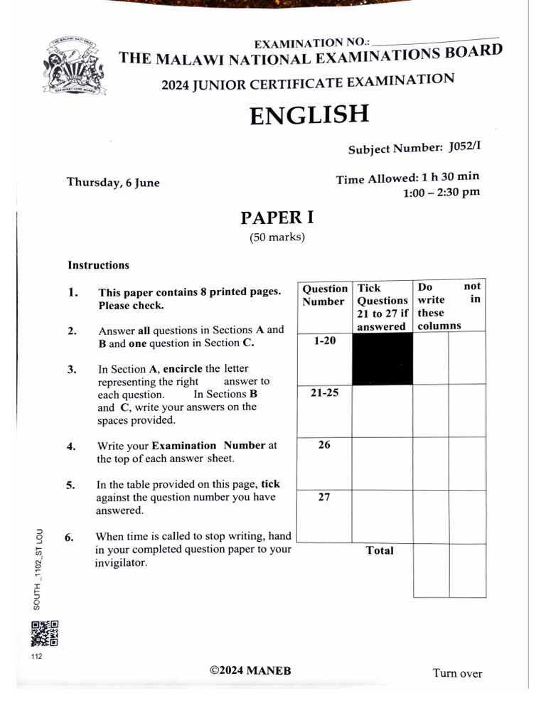 English Paper 1 2024 Jce Maneb | PDF