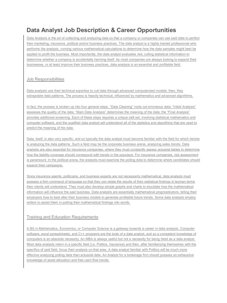 Data Analyst Job Description | PDF | Intelligence Analysis | Data Analysis