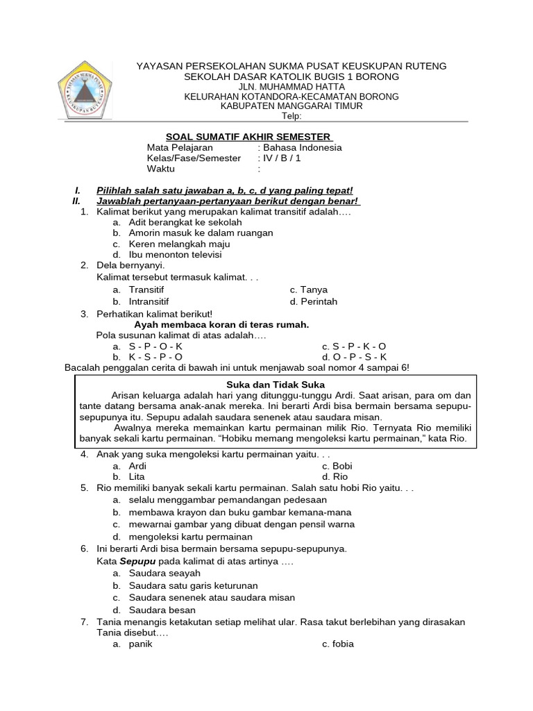 Soal Jadi Sas Bindo KLS 4 Semester 1 2022 | PDF